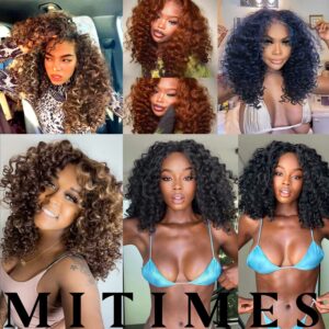 MITIMTES 16inch P4/27 Omber Honey Blonde Highlight HD Glueless Curly Lace Front Wig Pre Plucked with Babyhair Human Hair Blend Synthetic Short Curly Frontal Wig for Black Women