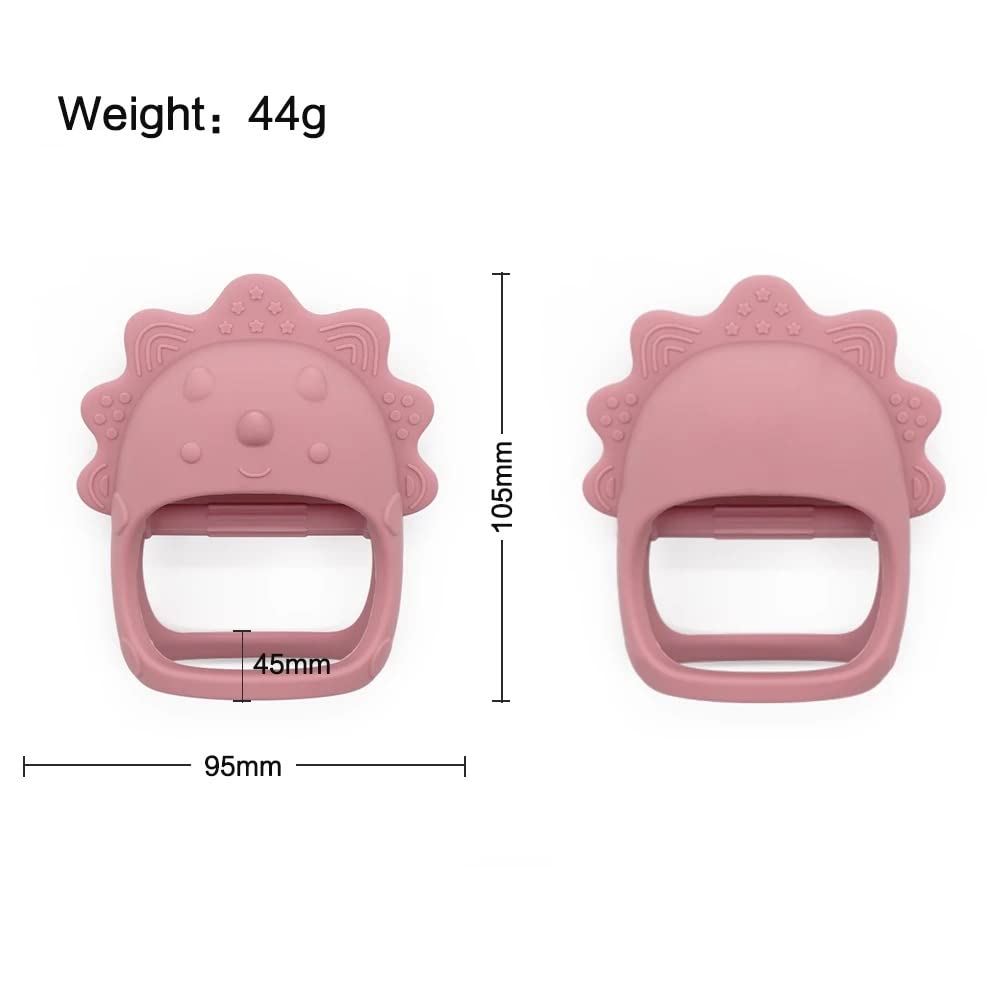 MOMMYS BABY Silicone Baby Teether Set, Anti-Drop Teething Toy, Infants chew Mitten, Pain Relief Soothing 2 in 1 | Beige Chick, Dark Pink Triceratops | Anti-Drop with Inside Handle for Easy Grip