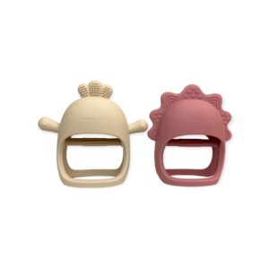 MOMMYS BABY Silicone Baby Teether Set, Anti-Drop Teething Toy, Infants chew Mitten, Pain Relief Soothing 2 in 1 | Beige Chick, Dark Pink Triceratops | Anti-Drop with Inside Handle for Easy Grip