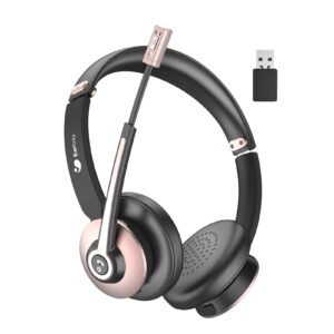 earbay bluetooth headset with microphone, wireless headset with noise cancelling mic, on ear headphone with usb dongle & mute button, 26hrs talk time for pc/office/zoom/skype rose gold