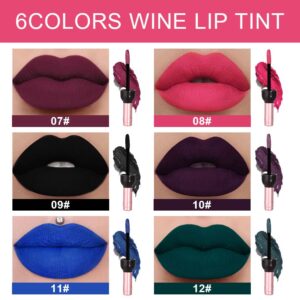 evpct 6 Colors Dark Black Blue Green Purple Rose Red Matte Liquid Lipstick for Women, Wine Lip Tint Stain Makeup Sets Long Lasting Waterproof Wine Bottle Colored 24 Hours Lipstick Lip Stain Peel off