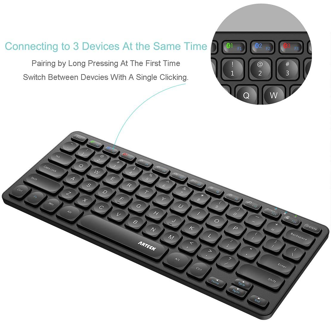 Arteck Universal Multi-Device Bluetooth Keyboard Ultra Slim and Compact Wireless Bluetooth Keyboard with Media Hotkeys for Windows iOS iPad OS Android Computer Desktop Laptop Surface Tablet Smartphone