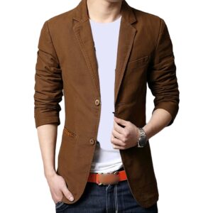 men's 2 buttons casual sport coats lightweight single breasted slim fit suit blazer cotton formal dress jackets (brown,large)