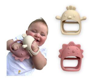 mommys baby silicone baby teether set, anti-drop teething toy, infants chew mitten, pain relief soothing 2 in 1 | beige chick, dark pink triceratops | anti-drop with inside handle for easy grip