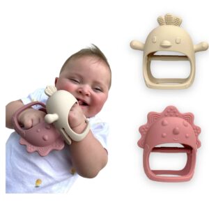 MOMMYS BABY Silicone Baby Teether Set, Anti-Drop Teething Toy, Infants chew Mitten, Pain Relief Soothing 2 in 1 | Beige Chick, Dark Pink Triceratops | Anti-Drop with Inside Handle for Easy Grip