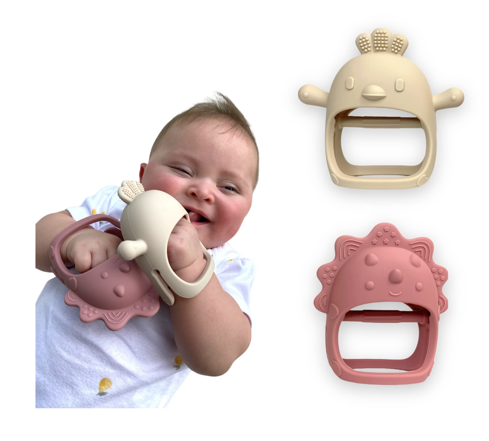 MOMMYS BABY Silicone Baby Teether Set, Anti-Drop Teething Toy, Infants chew Mitten, Pain Relief Soothing 2 in 1 | Beige Chick, Dark Pink Triceratops | Anti-Drop with Inside Handle for Easy Grip