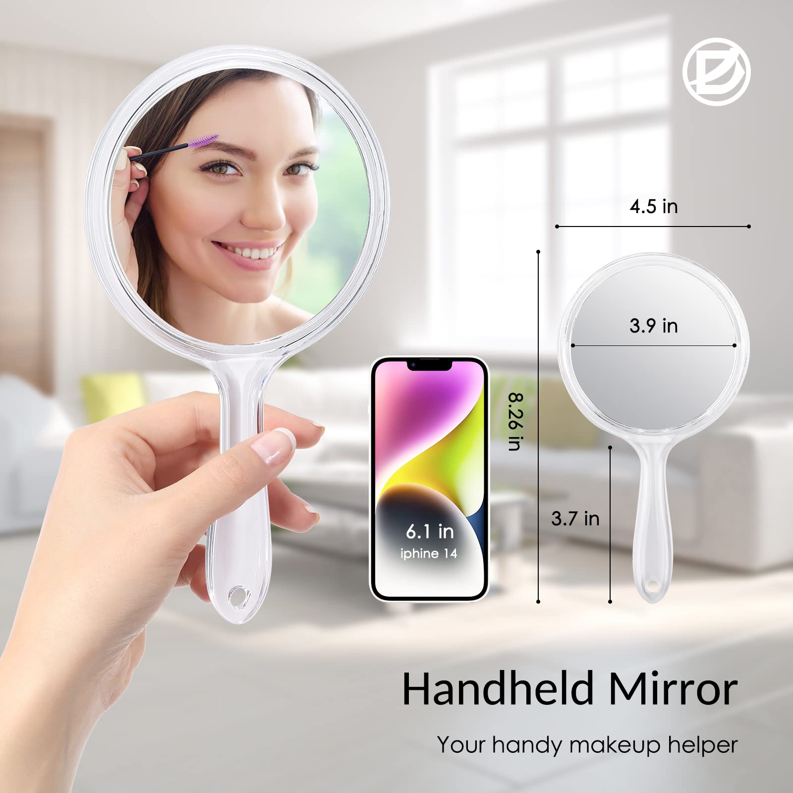 D Handheld Mirror with Handle, Hand Mirror Small Doule Sided Magnifying Mirror 1X 2X, Handle Makeup Mirror, Acrylic Handheld Mirror Rounded Shape, Transparent 1 PCS