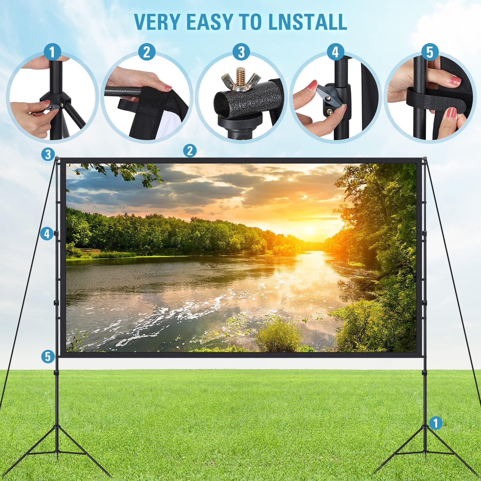 Projector Screen and Stand 150 Inch, LEORFI Outdoor Portable Projector Movie Screen Pull Down, Indoor Projections Screen with Stand 16:9 4K Full HD Support Height Adjustable for Home Theater Camping