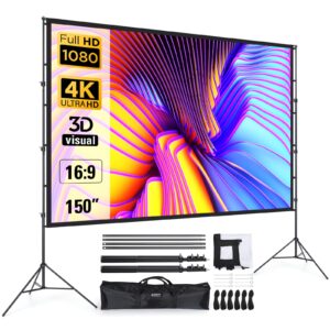 projector screen and stand 150 inch, leorfi outdoor portable projector movie screen pull down, indoor projections screen with stand 16:9 4k full hd support height adjustable for home theater camping