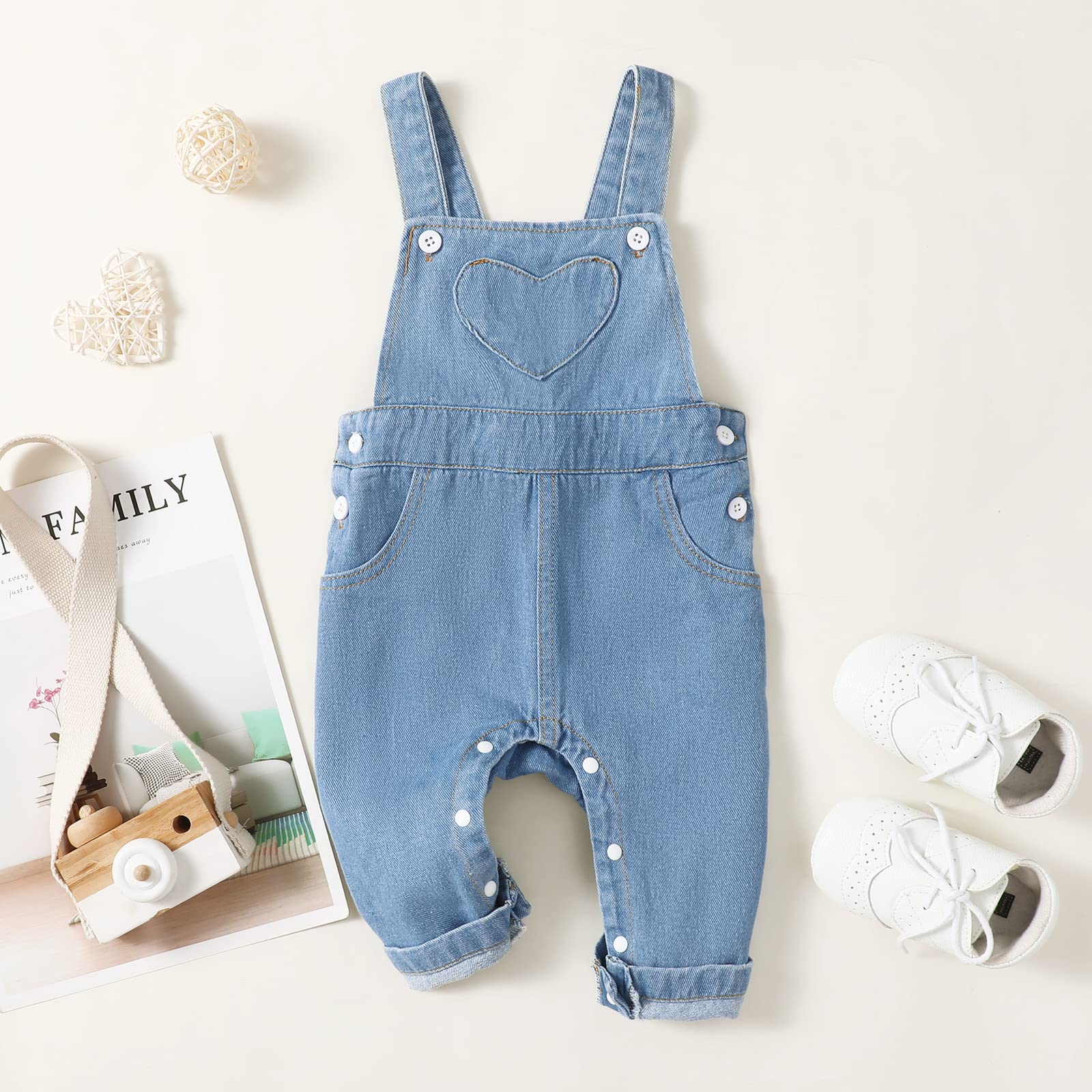 PURSKYY Baby Girls Overalls Jumpsuit Baby Denim Romper Outfits Infant Girls Jeans Jumper Bodysuit Newborn Jeans Overalls Baby Girls Bell Bottoms Playsuit, Blue, 6-12 Months