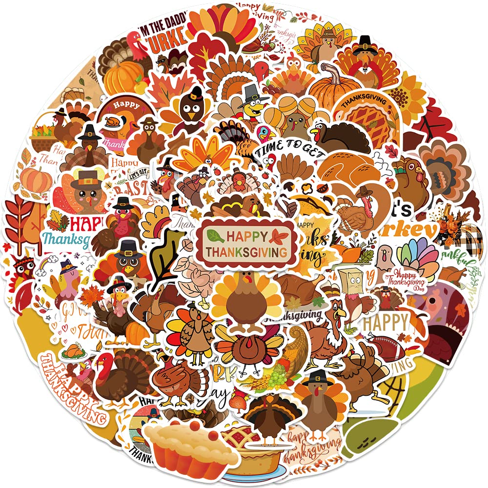 100 Pcs Thanksgiving Stickers Pack Pumpkin Fall Sticker Decals Waterproof Cute Aesthetic Stickers for Kids Aldults Teens Thanksgiving Day Decoration Gifts