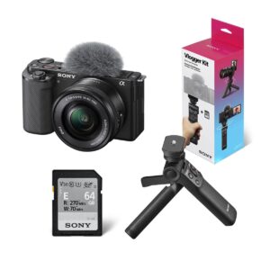 sony zv-e10 aps-c mirrorless interchangeable lens vlogging camera with 16-50mm lens, black - bundle with sony accvc1 vlogger accessory kit (shooting grip & 64gb uhs-ii sdxc card)