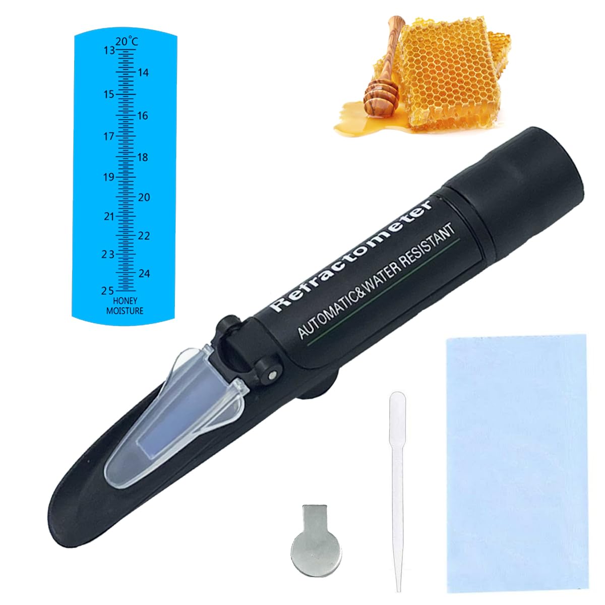 Honey Refractometer for Honey Moisture,13-25% Honey Moisture Refractometer Tester with ATC,Measuring Moisture with High Accuracy for Honey, Bee Keeping Supplies