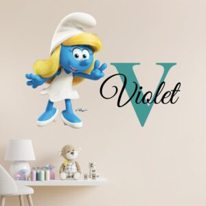 egd custom name & initial smurfette the smurfs kids wall decor | egd x the smurfs series | personalized wall decal for baby girl or boy | multiple sizes and color options