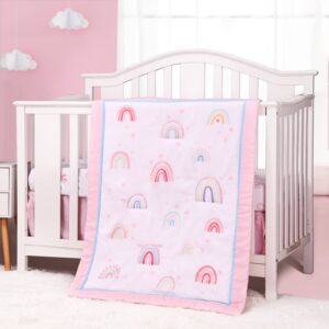 honkaii boho rainbow 3-piece crib bedding set, baby nursery bedding sets including crib quilt, crib skirt, crib sheet, pink crib sets for girls