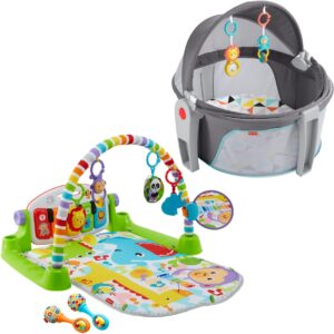 fisher-price portable bassinet and travel play area with baby toys, on-the-go baby dome, windmill fisher-price baby gym with kick & play piano learning toy featuring and 2 soft maracas rattle toys