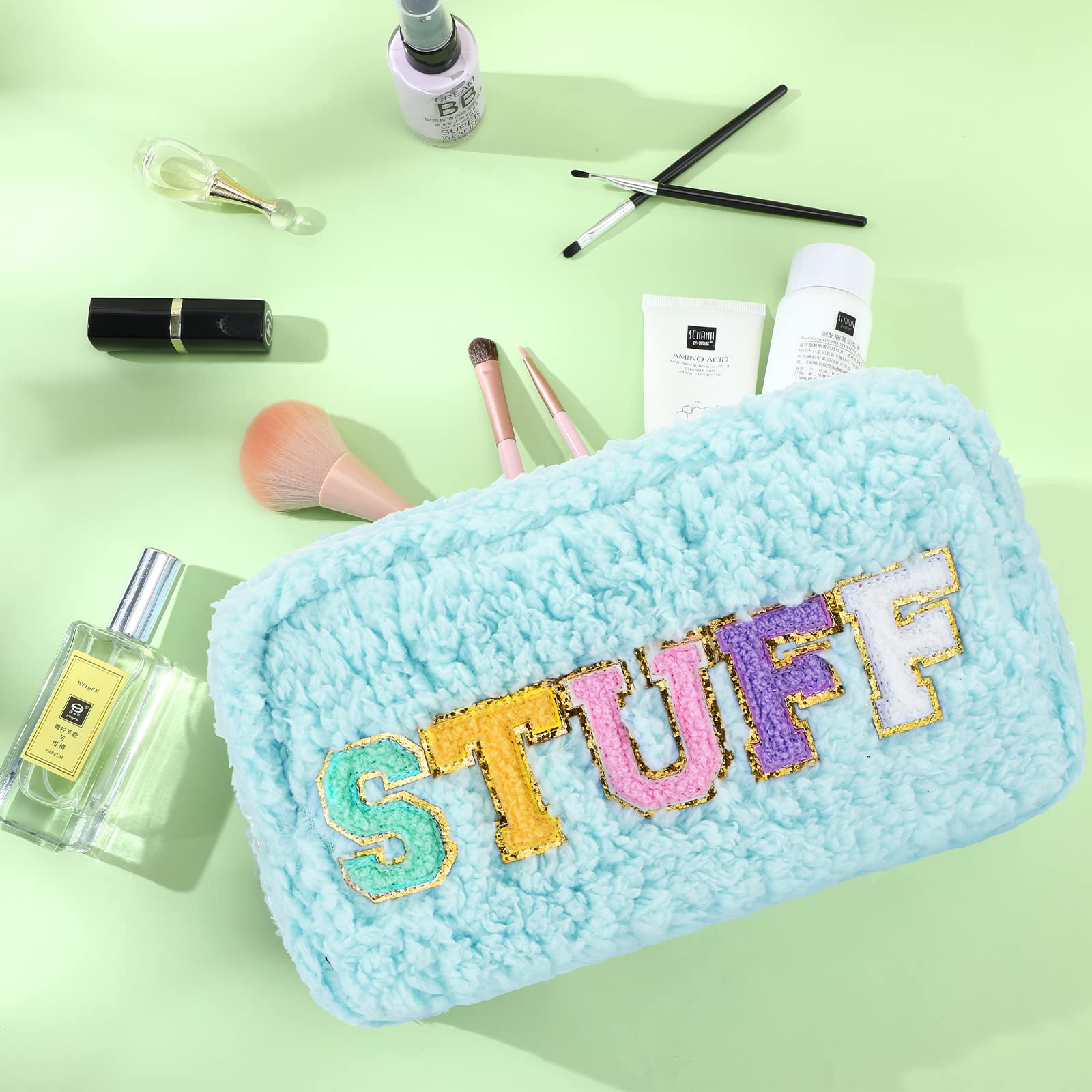 Mixweer Chenille Letters Plush Preppy Makeup Bag Portable Small Travel Cosmetic Bag with Zipper Fleece Pouch Bags for Women Girls Patch Pouches for Toiletries Cosmetic Storage Organizer (Blue, Stuff)