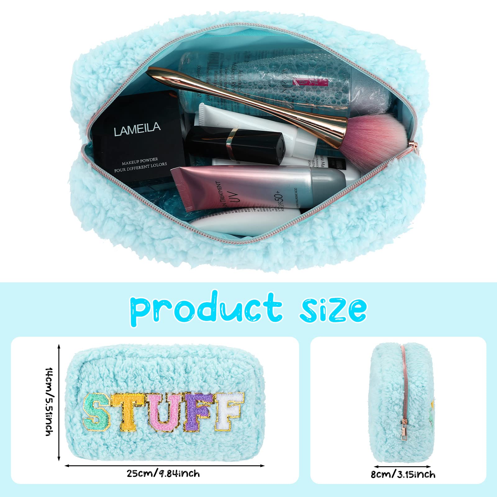 Mixweer Chenille Letters Plush Preppy Makeup Bag Portable Small Travel Cosmetic Bag with Zipper Fleece Pouch Bags for Women Girls Patch Pouches for Toiletries Cosmetic Storage Organizer (Blue, Stuff)