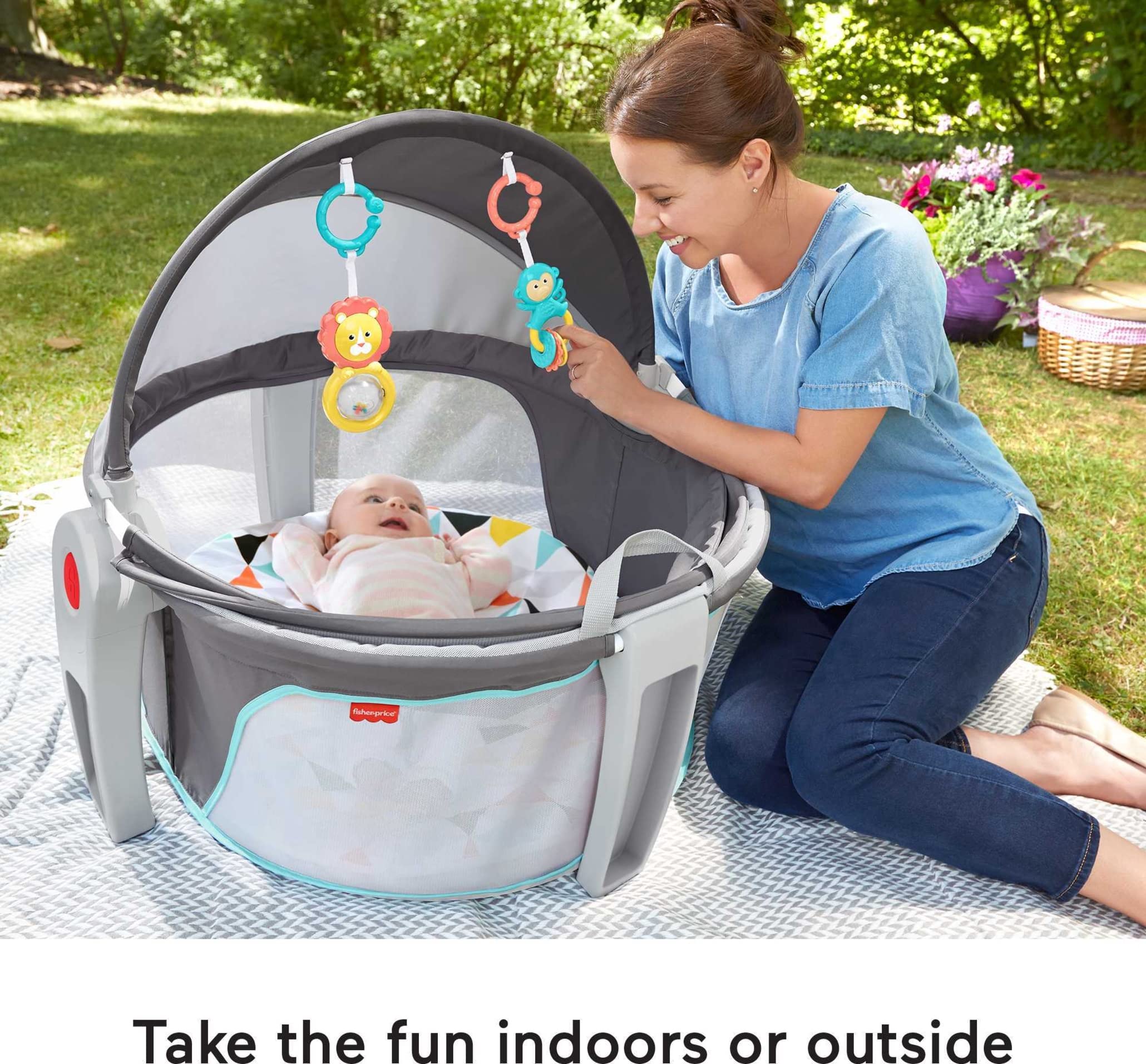 Fisher-Price Portable Bassinet and Travel Play Area with Baby Toys, On-The-Go Baby Dome, Windmill Fisher-Price Baby Gym with Kick & Play Piano Learning Toy Featuring and 2 Soft Maracas Rattle Toys