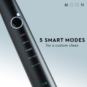 MOON Sonic Electric Toothbrush for Adults, 5 Smart Modes to Clean, Whiten, Massage and Polish Teeth, Rechargeable with Travel Case and 2 Toothbrush Heads, Black