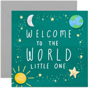 old english co. welcome to the world new baby card - cute nursery moon and stars card for baby girl or boy | congratulations to new parents | blank inside & envelope included