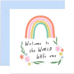 old english co. welcome to the world new baby card - cute nursery flower rainbow card for baby girl or boy | congratulations to new parents | blank inside & envelope included