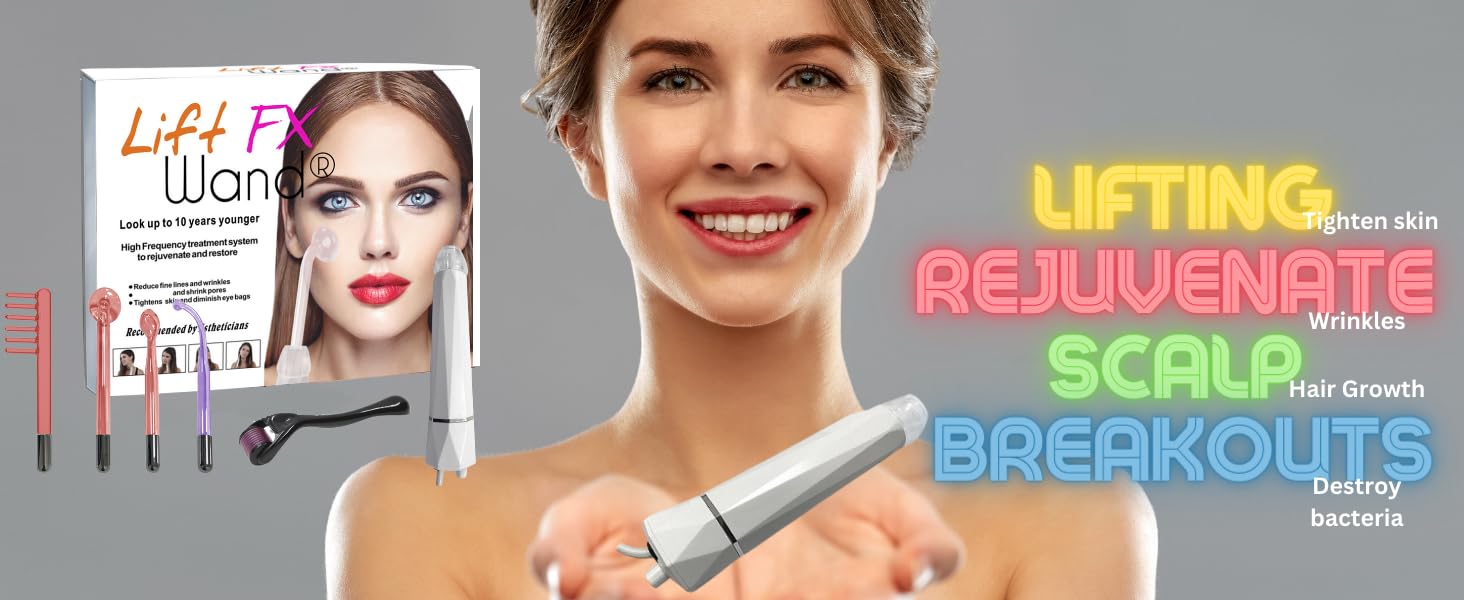 Lift Wand FX Premium High Frequency Wand w/ 5 Attachments Includes 0.3mm Micro-Needle Roller High Frequency Facial Device| Anti-Aging Skin Tightening Facial Wand 20 Watts