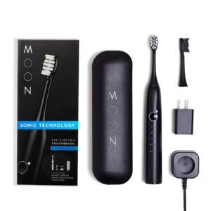 moon sonic electric toothbrush for adults, 5 smart modes to clean, whiten, massage and polish teeth, rechargeable with travel case and 2 toothbrush heads, black