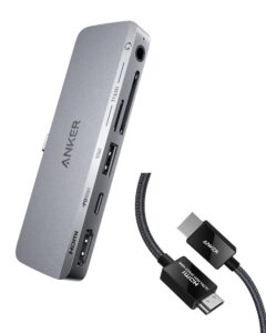 anker usb c hub for ipad, 541 usb-c hub (6-in-1) with 4k hdmi port, multi-function usb-c port, usb-a data port (gray) 8k@60hz hdmi cable