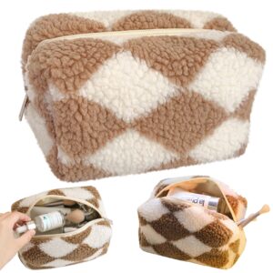 cessfle terry cloth small makeup bag, checkered plush cosmetic asthetic plaid handbags, cute zipper travel toiletry soft storage pouch for women