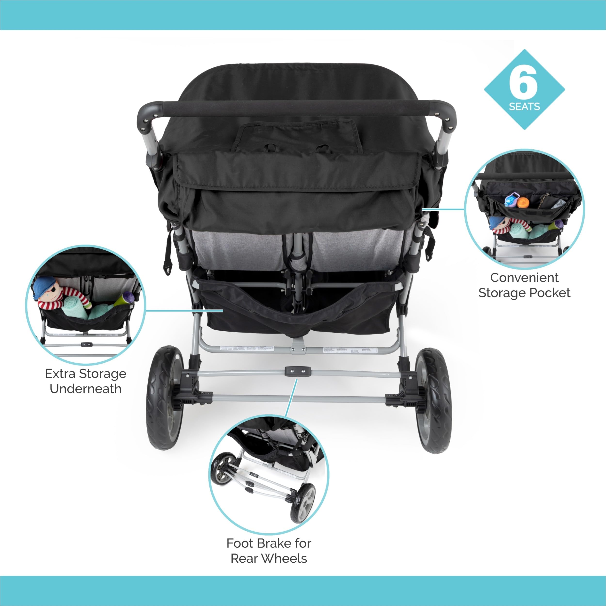 Gaggle by Foundations Jamboree 6-Seat Multi-Child Stroller with Oversized UV Blocking Canopy, Compact Folding Stroller, Easy Loading, Storage Bucket (Black)