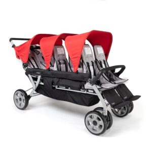 gaggle by foundations jamboree 6-seat multi-child stroller with oversized uv blocking canopy, compact folding stroller, easy loading, storage bucket (red)