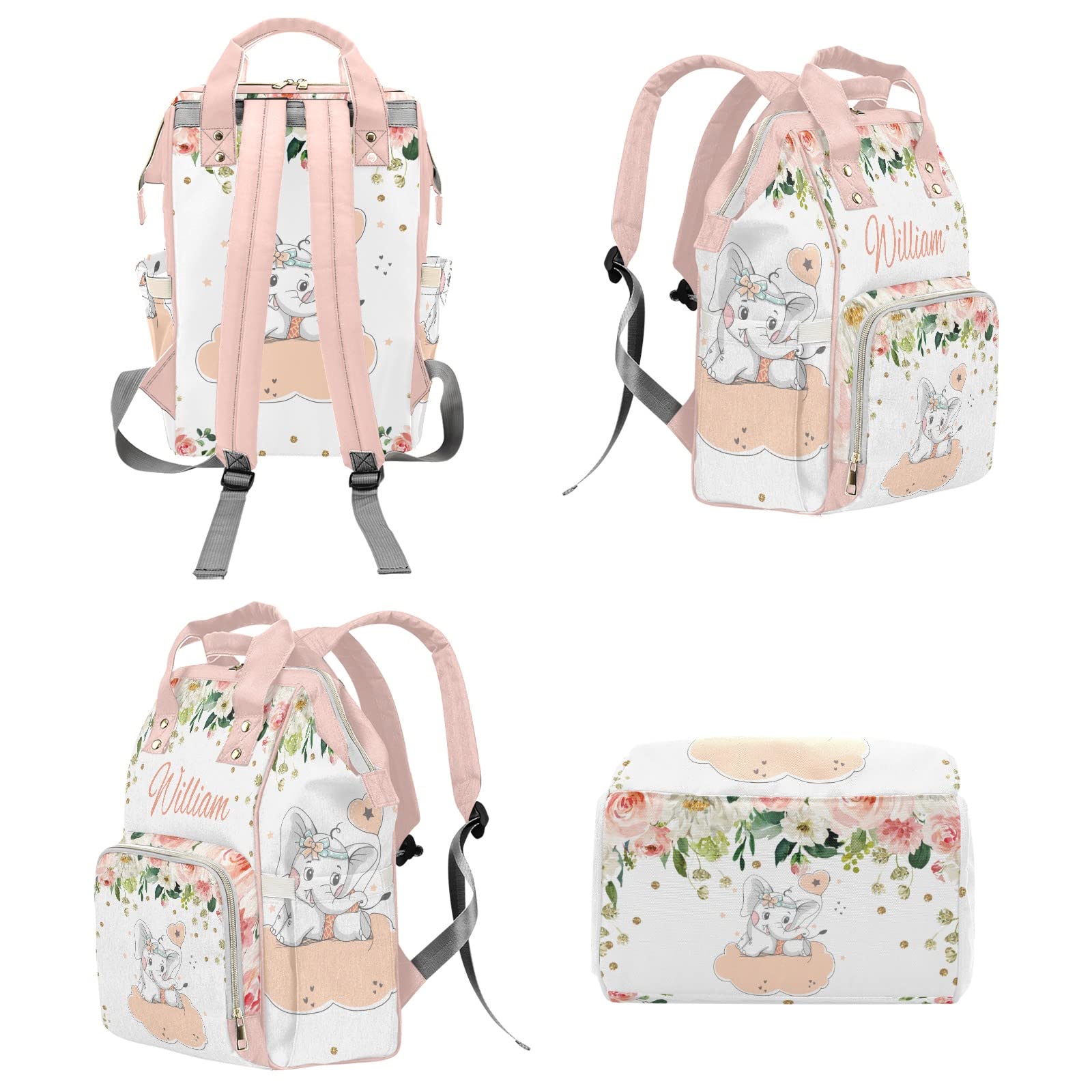 Cute Pink Elephant Girl Floral Personalized Diaper Backpack with Name,Custom Travel DayPack for Nappy Mommy Nursing Baby Bag One Size