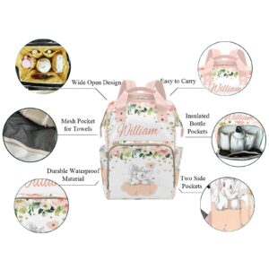 Cute Pink Elephant Girl Floral Personalized Diaper Backpack with Name,Custom Travel DayPack for Nappy Mommy Nursing Baby Bag One Size