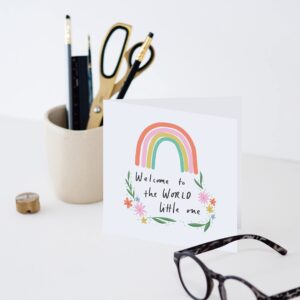 Old English Co. Welcome To The World New Baby Card - Cute Nursery Flower Rainbow Card for Baby Girl or Boy | Congratulations to New Parents | Blank Inside & Envelope Included