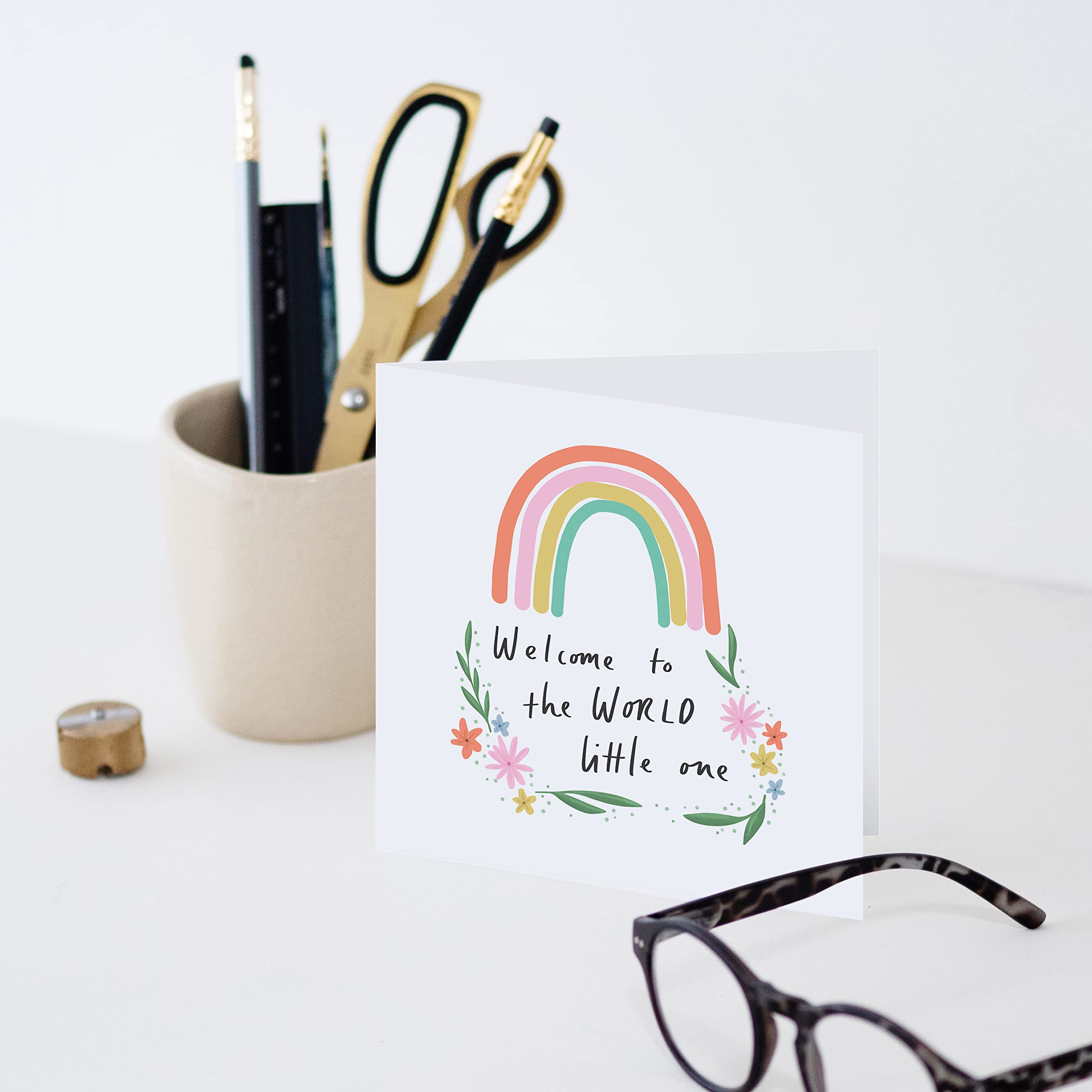 Old English Co. Welcome To The World New Baby Card - Cute Nursery Flower Rainbow Card for Baby Girl or Boy | Congratulations to New Parents | Blank Inside & Envelope Included