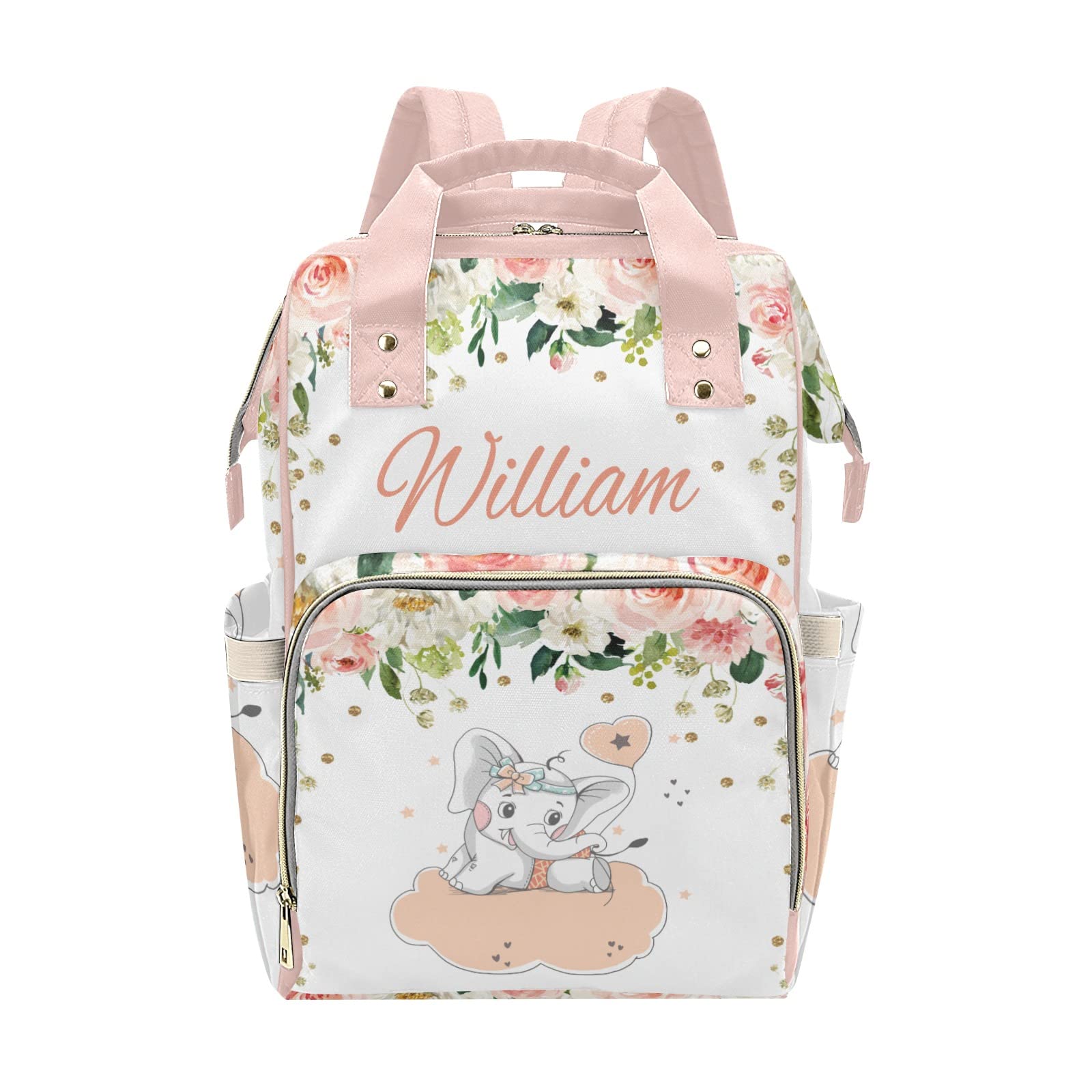 Cute Pink Elephant Girl Floral Personalized Diaper Backpack with Name,Custom Travel DayPack for Nappy Mommy Nursing Baby Bag One Size