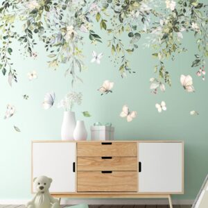 Hanging Green Leaves Wall Decals Elegant Plants Wall Stickers DIY Vinyl Peel and Stick Butterfly and Leaf Wall Art Murals for Kids Girls Bedroom Living Room Offices Nursery Closet Ceiling Vertex Line (B)