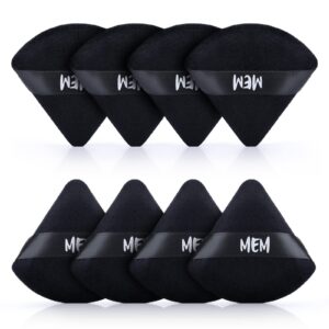 mem triangle powder puff - 8 pcs soft velour makeup puffs for face powder loose powder application, wet and dry use, sponge beauty makeup tools, skin-friendly, with satin ribbon for easy handling