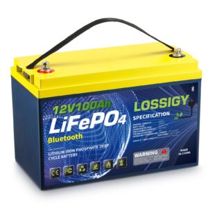 lossigy 12v 100ah lifepo4 lithium battery, low temp protection with 100a bluetooth bms, 10 yrs lifespan, 400a peak current, perfect for golf cart, trolling motor, solar system, rv, marine