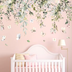 hanging green leaves wall decals elegant plants wall stickers diy vinyl peel and stick butterfly and leaf wall art murals for kids girls bedroom living room offices nursery closet ceiling vertex line (b)