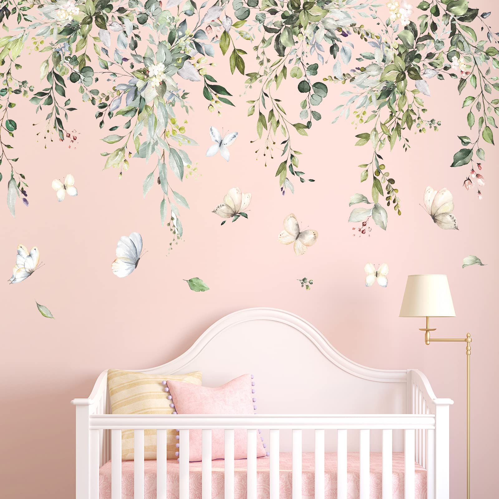 Hanging Green Leaves Wall Decals Elegant Plants Wall Stickers DIY Vinyl Peel and Stick Butterfly and Leaf Wall Art Murals for Kids Girls Bedroom Living Room Offices Nursery Closet Ceiling Vertex Line (B)