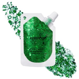 holographic face glitter gel body shimmer makeup for for hair, face, clavicle, arm, nail, eyeshadow, long lasting waterproof party glitter for st. patrick's day, 1.35oz (grass green #16)