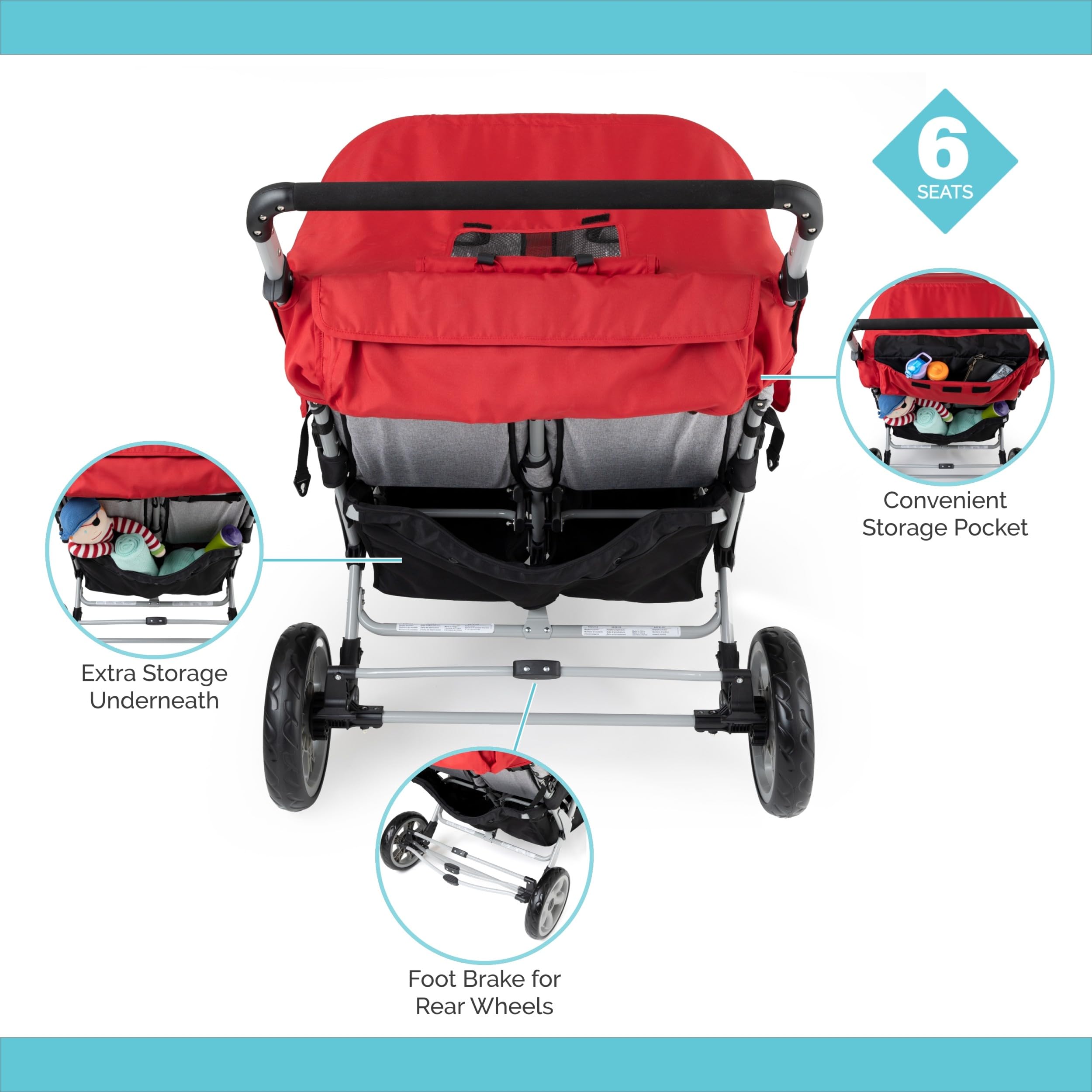 Gaggle by Foundations Jamboree 6-Seat Multi-Child Stroller with Oversized UV Blocking Canopy, Compact Folding Stroller, Easy Loading, Storage Bucket (Red)