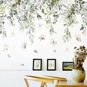 Hanging Green Leaves Wall Decals Elegant Plants Wall Stickers DIY Vinyl Peel and Stick Butterfly and Leaf Wall Art Murals for Kids Girls Bedroom Living Room Offices Nursery Closet Ceiling Vertex Line (B)