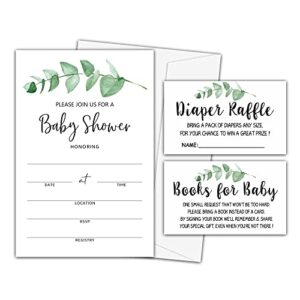 baby shower invitation kit, diaper raffle games, books for baby, greenery, eucalyptus baby gender reveal fill in invites cards, each design 25 cards & 25 envelopes （a total of 100 set）- babyset-017