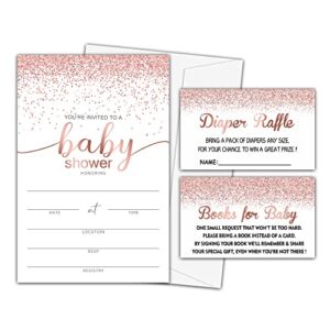 baby shower invitation kit, diaper raffle games, books for baby, pink rose gold baby gender reveal fill in invites cards, each design 25 cards & 25 envelopes （a total of 100 set） - babyset-003