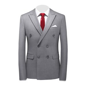 men's slim fit double breasted jacket slim fit business daily prom blazer peak lapel groom wedding party suit coat (grey,large)