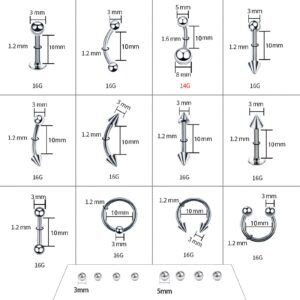 120 PCS Body Piercing Kit Nose Stud Piercing Kits for All Body Piercings Stainless Steel Jewelry with 12G 14G 16G Piercing Needles for Ear Cartilage Tragus Nose Septum Lip Nipple Belly Button