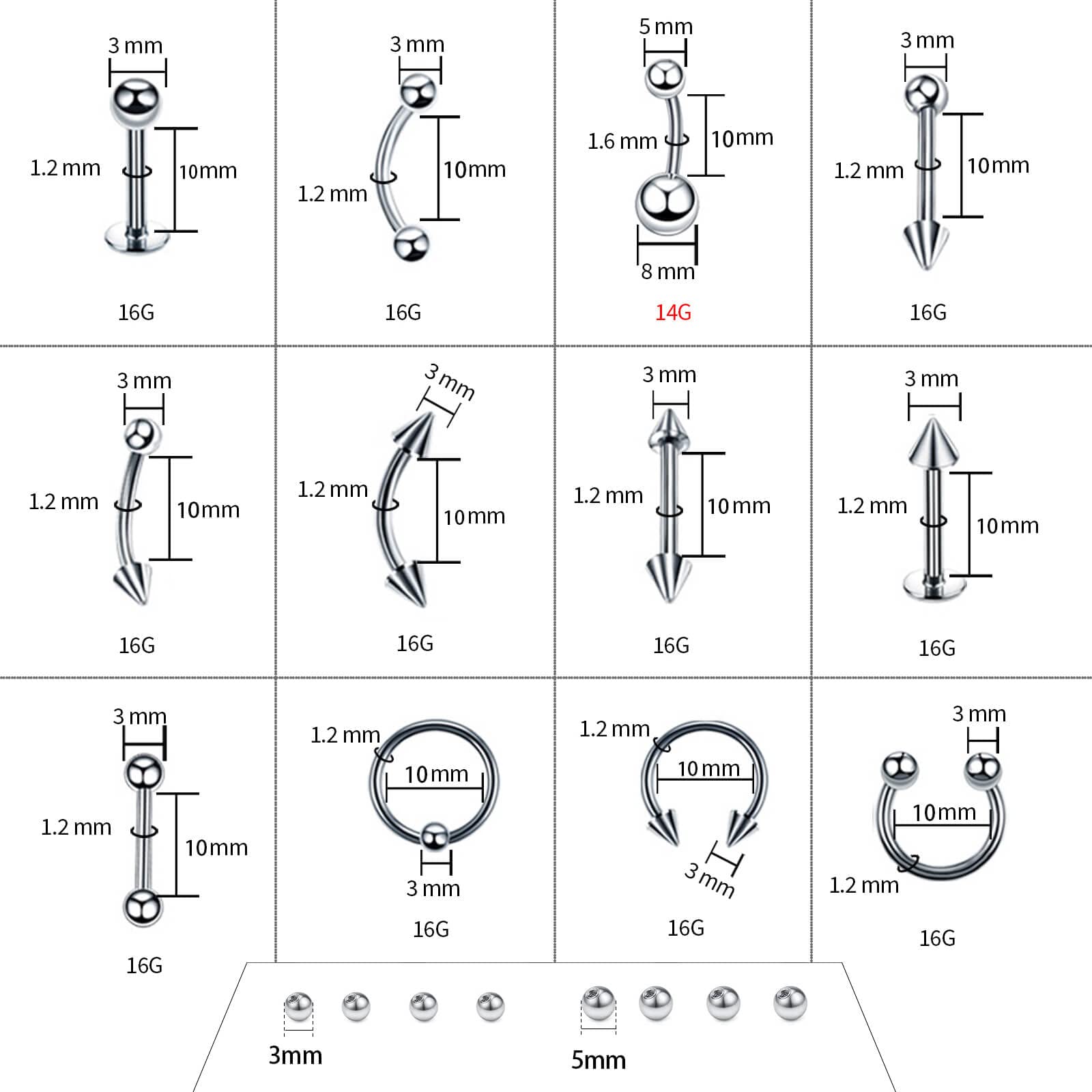 120 PCS Body Piercing Kit Nose Stud Piercing Kits for All Body Piercings Stainless Steel Jewelry with 12G 14G 16G Piercing Needles for Ear Cartilage Tragus Nose Septum Lip Nipple Belly Button